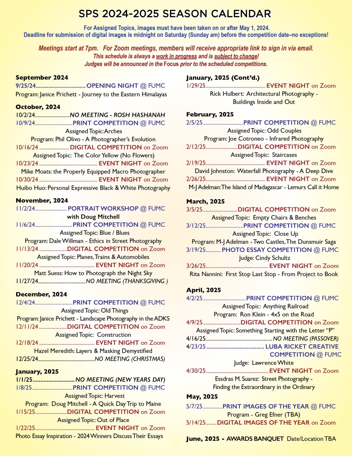 2024-2025 Event Calendar | Schenectady Photographic Society
