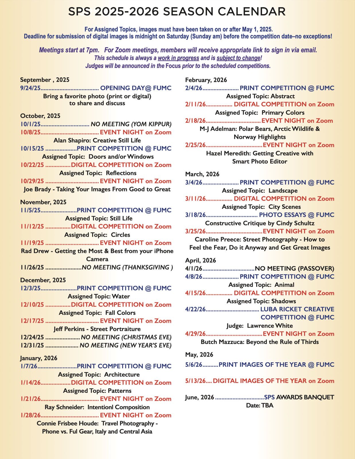 2025-2026 Calendar | Schenectady Photographic Society